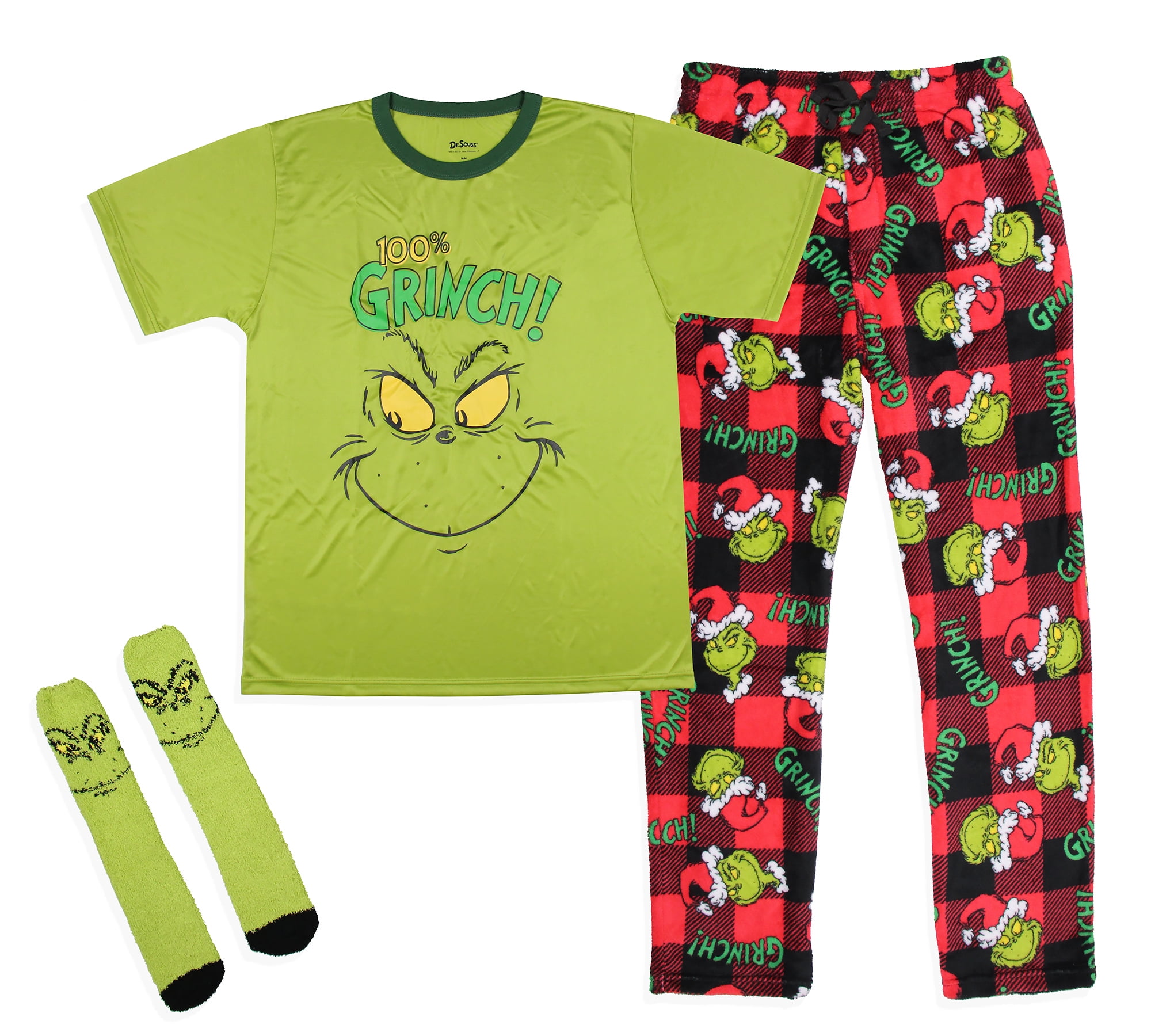 Dr. Seuss The Grinch Men's Pajama Pants Shirt and Socks 3 Piece Pajama ...