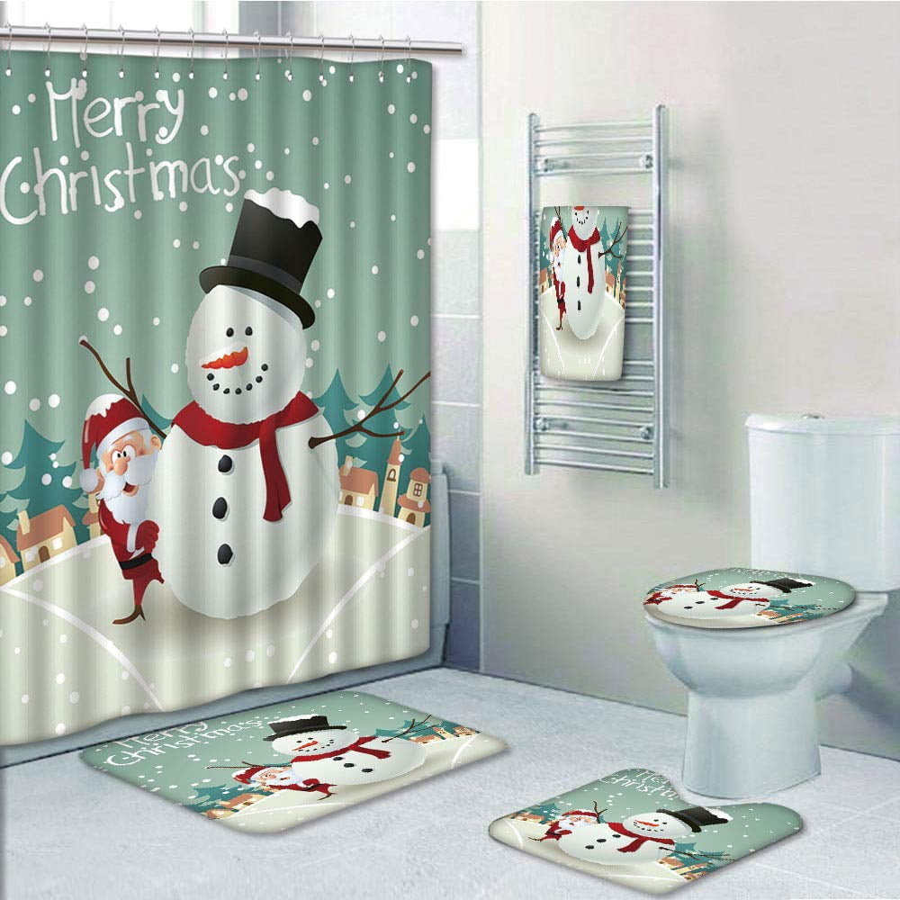 Prtau Christmas Merry Christmas Cartoon With Santa Snowman Pines Houses