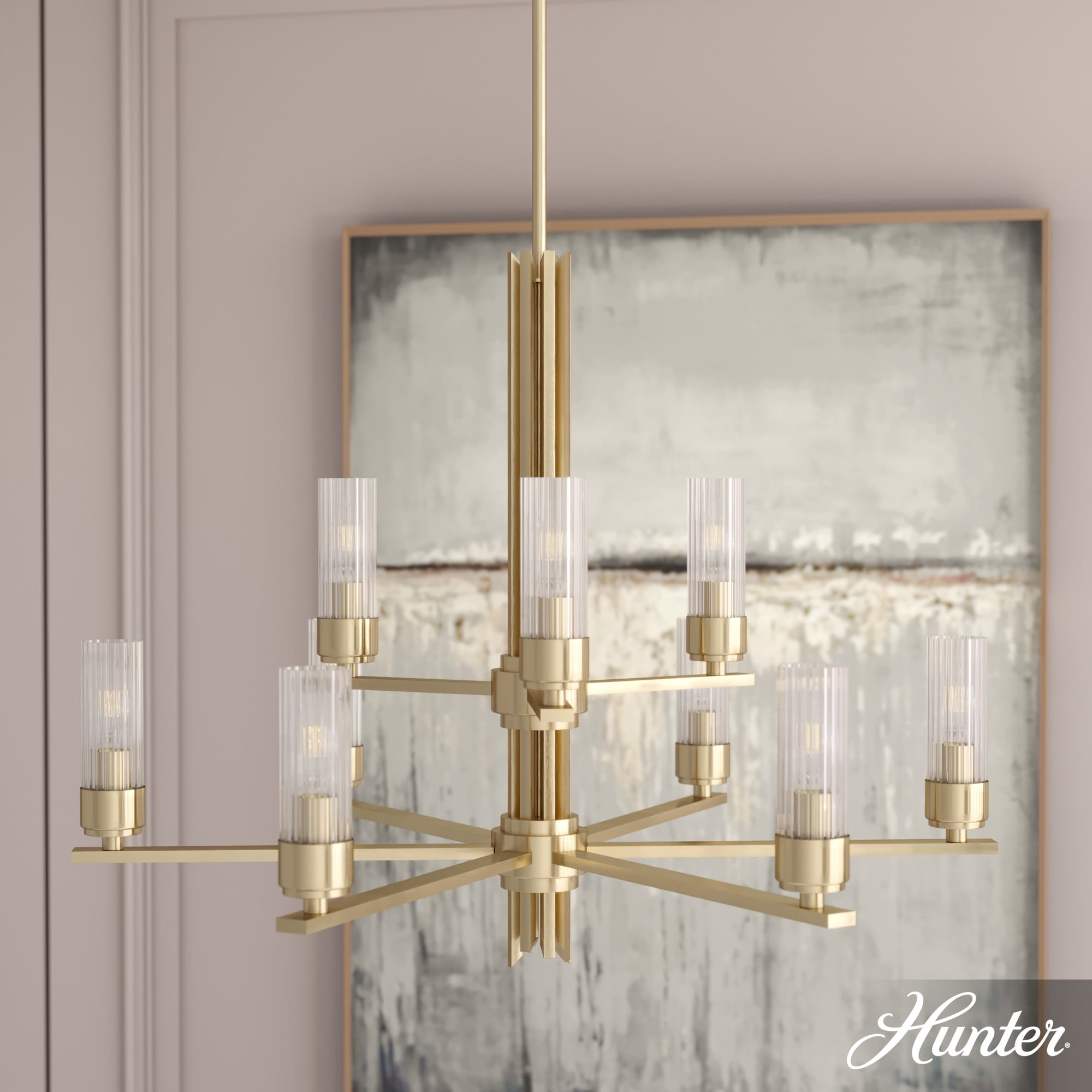 Hunter Gatz Alturas Gold with Ribbed Glass 9 Light 2 Tier Chandelier ...