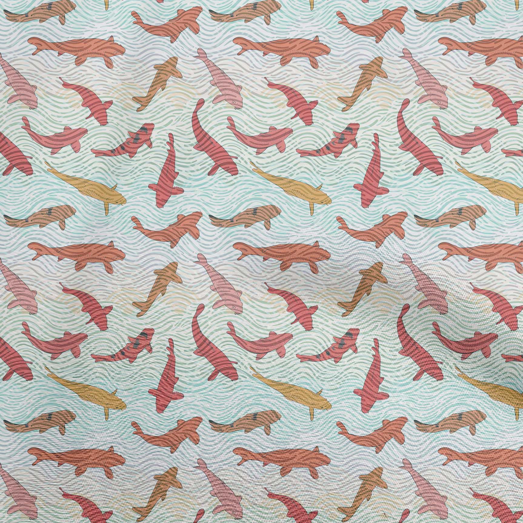 oneOone Silk Tabby Red Fabric Asian Japanese Koi Fish With Wave Sewing ...