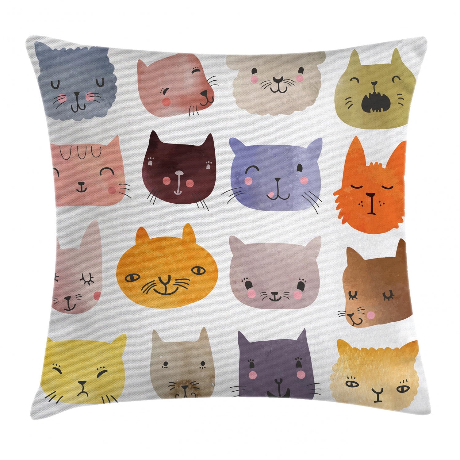 Cat Throw Pillow Cushion Cover, Cute Watercolor Effect Cat Heads in ...