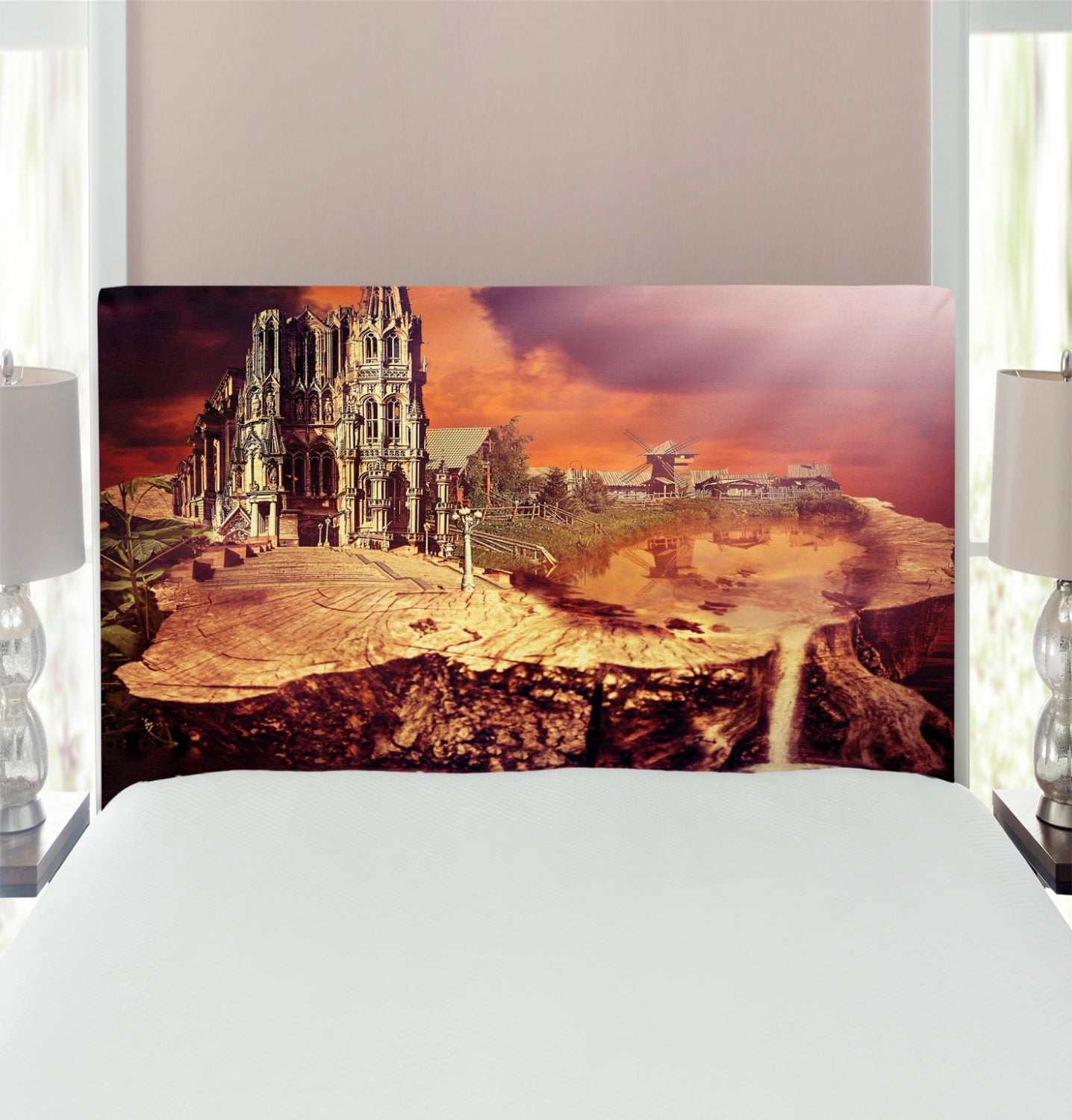 Gothic Headboard, Fantasy Castle and Village on Stump in the Water ...