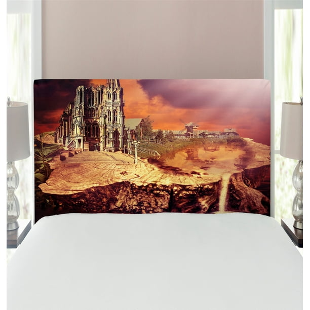 Gothic Headboard, Fantasy Castle and Village on Stump in the Water ...