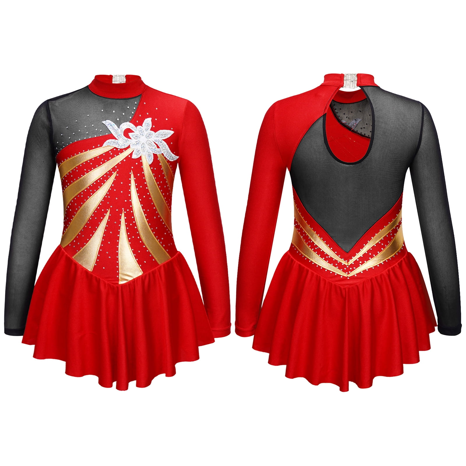 YONGHS Kids Girls Sequins Mock Neck Roller Figure Ice Skating Dress ...