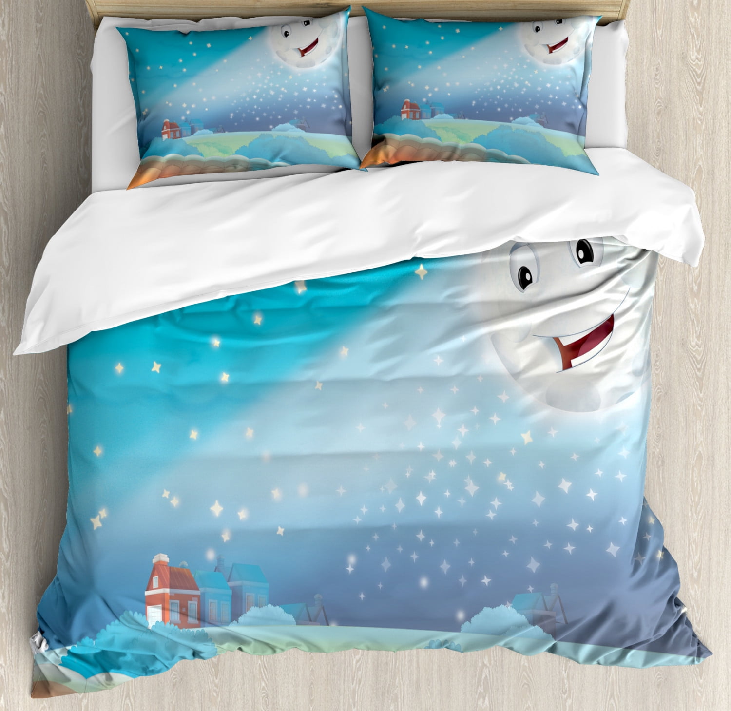 Moon Rays Duvet Cover Set Queen Size, Cartoon Style Lunar Smiling on a ...