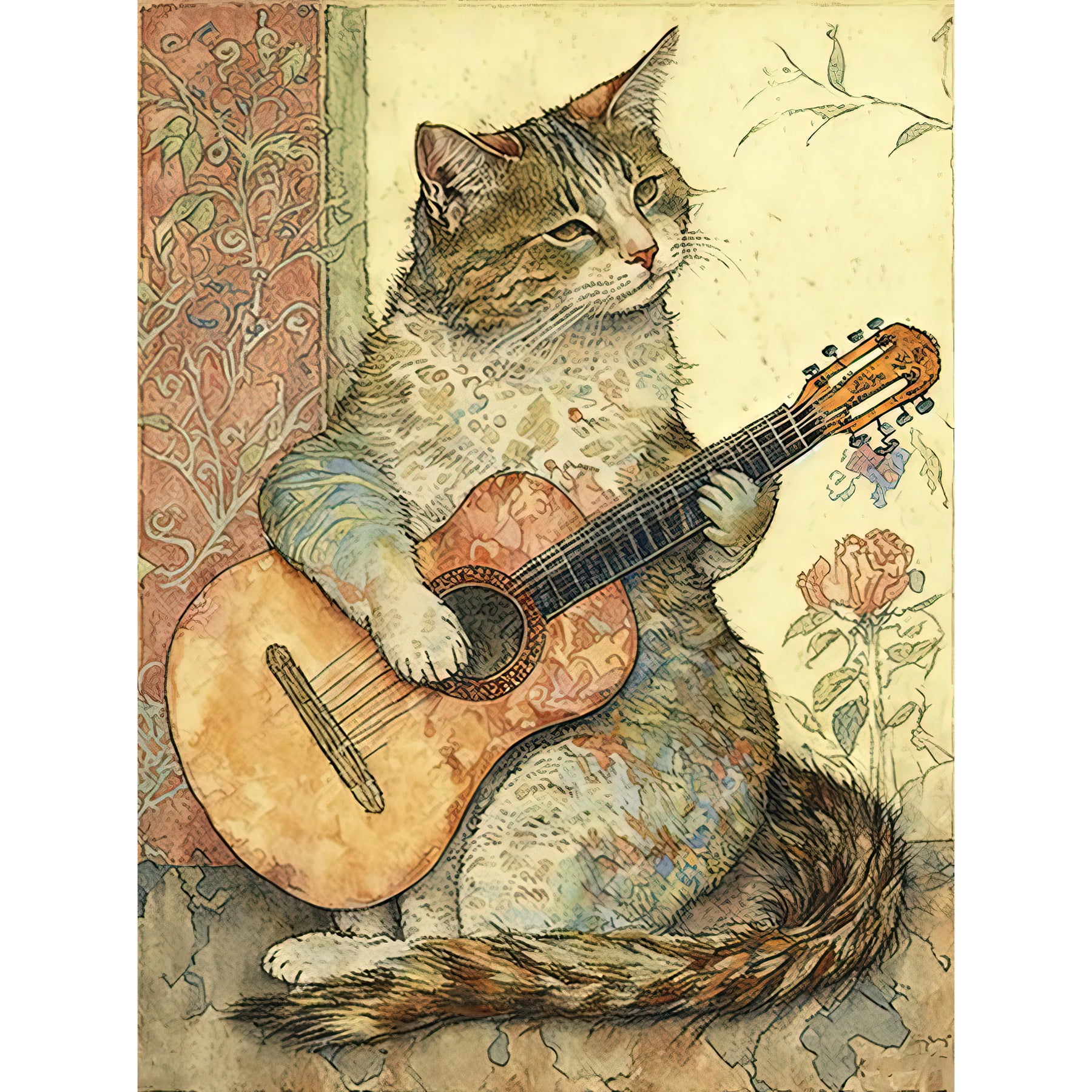 Street Musician Cat with Guitar by Flower Pattern Mural Pastel ...