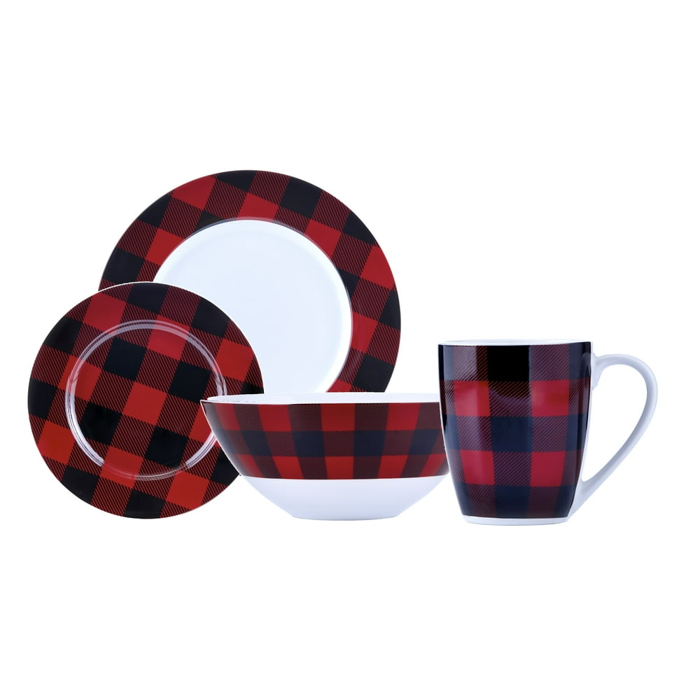 Buffalo Plaid Red/Black 16PC Dinnerset - Walmart.com - Walmart.com