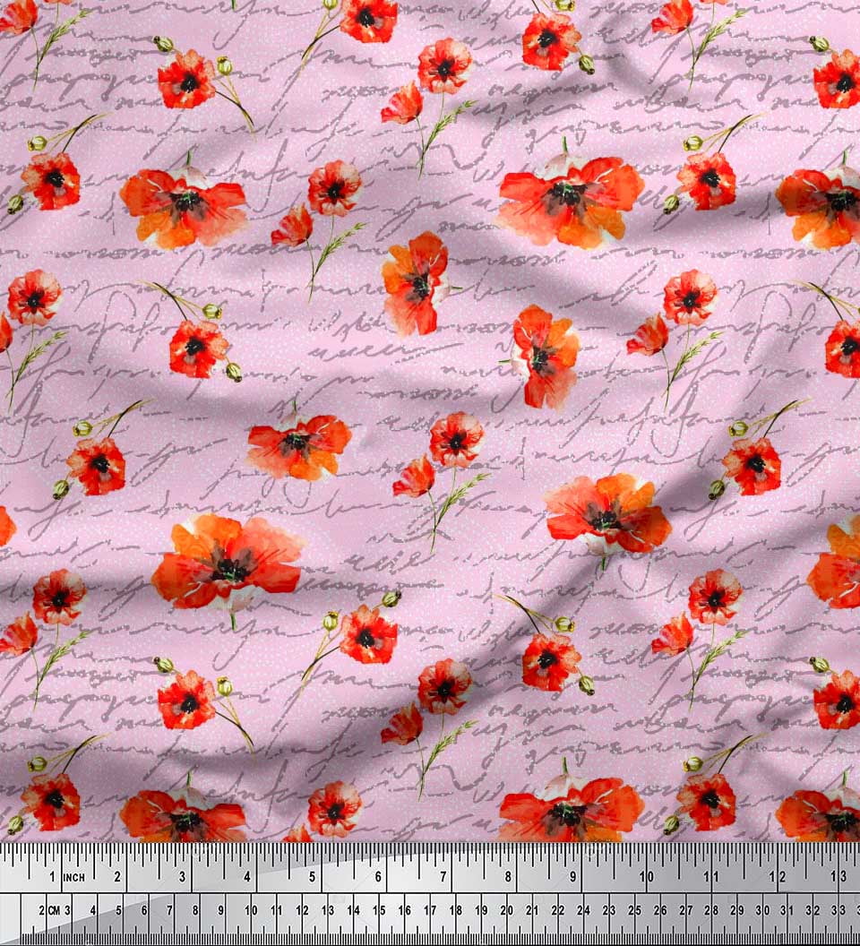 Soimoi Pink Moss Georgette Fabric Text & Poppy Floral Print Fabric by ...