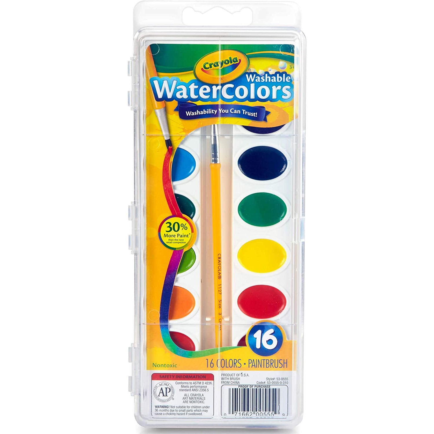 Crayola Washable Assorted Color Watercolor Paint Set W/Paintbrush  16 Count