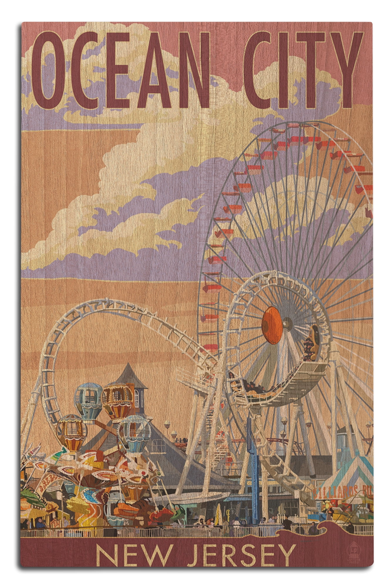 Ocean City, New Jersey, Pier and Sunset Birch Wood Wall Sign (12x18 ...