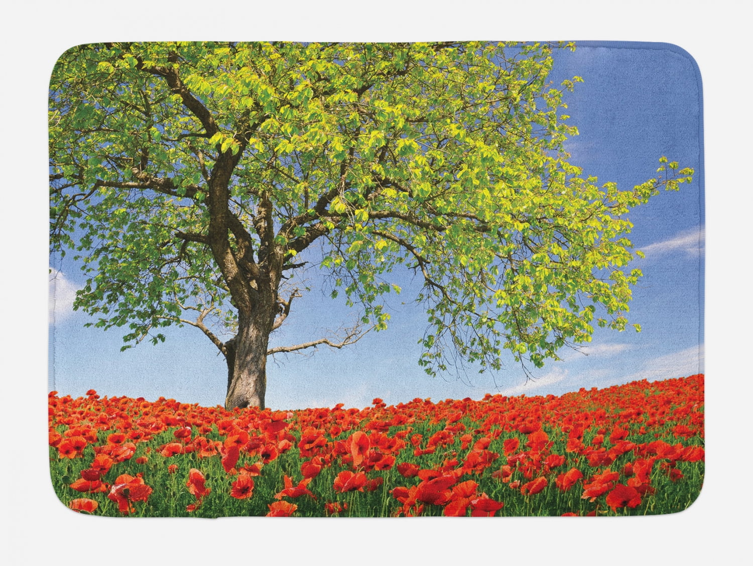 Poppy Bath Mat, Landscape of Blooming Poppies on Field Majestic Tree ...