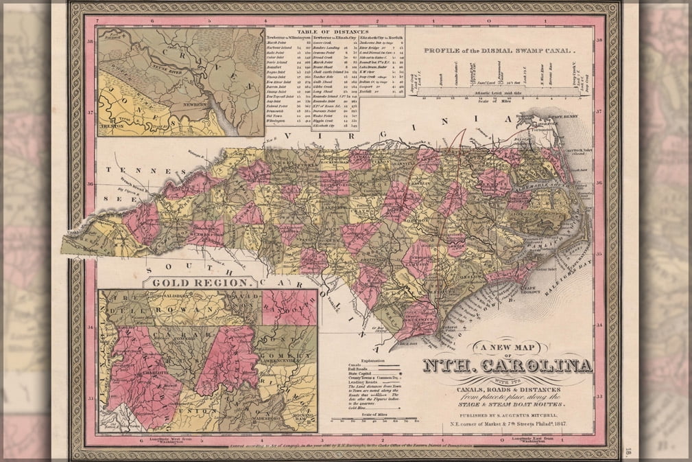 24"x36" Gallery Poster, 1847 Map of North Carolina showing the gold ...
