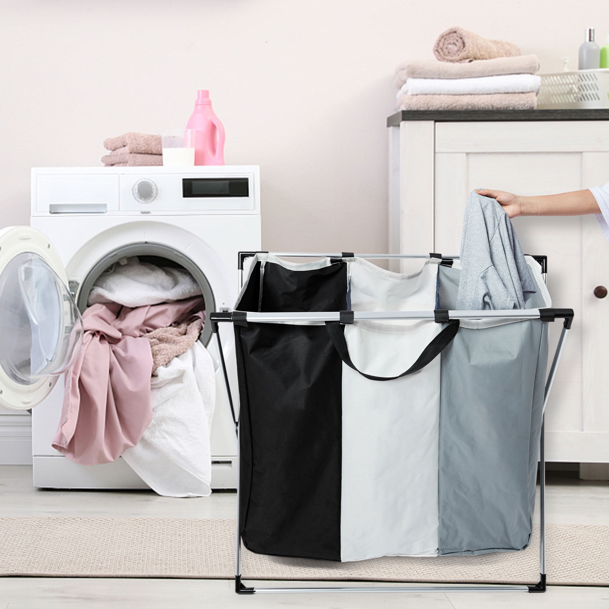 Laundry Cloth Hamper Sorter Basket Bag Bin Foldable 3 Sections Washing ...