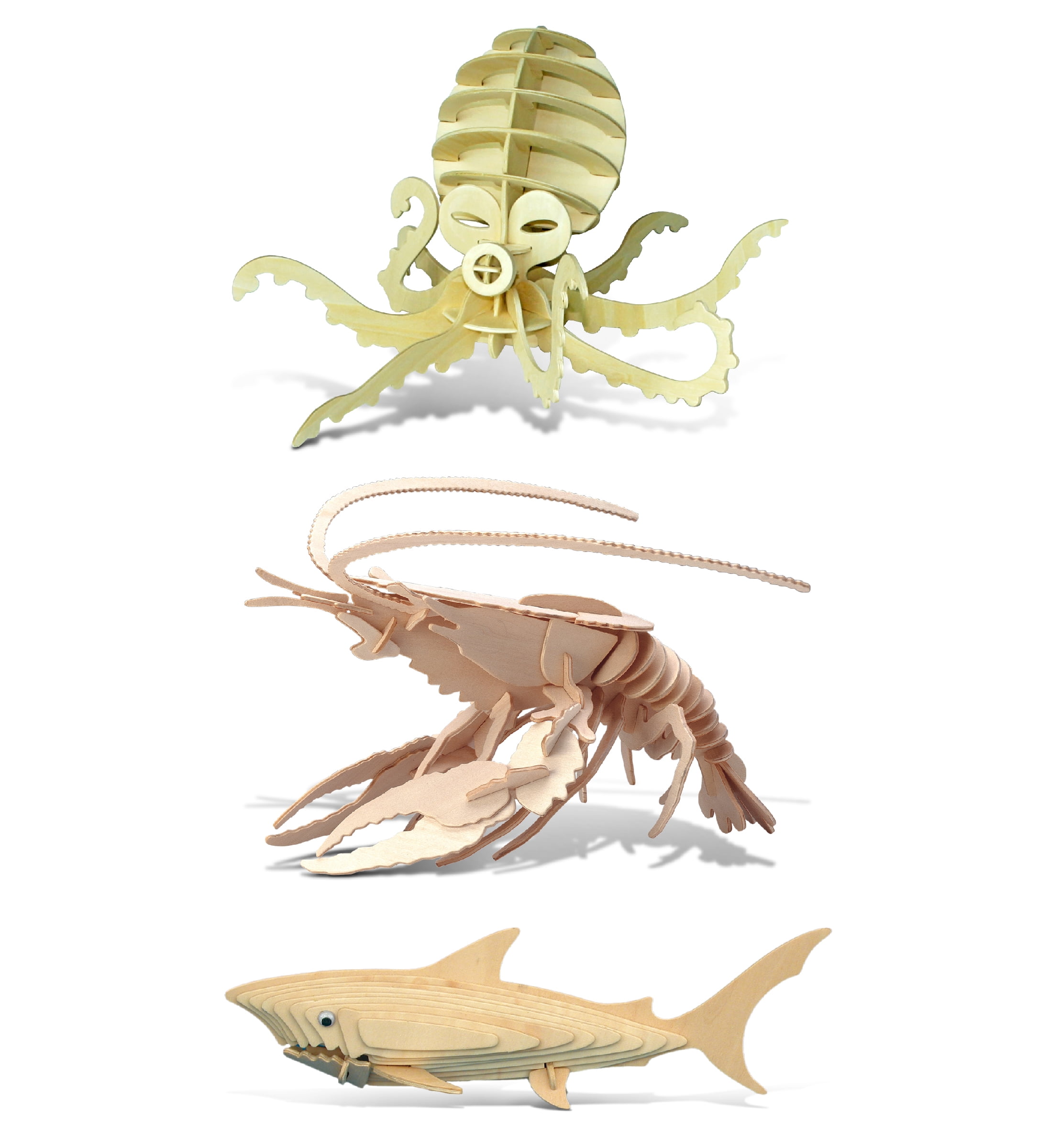 Puzzled Bundle of Sea Life: Shark, Lobster, & Octopus Wooden 3D Puzzle ...