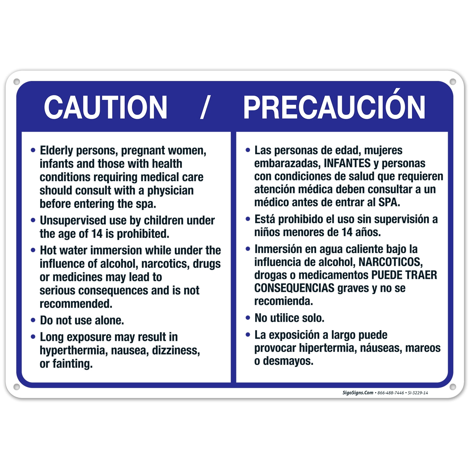 Spa Safety Rules Sign, Bilingual English Spanish, 10x14 Aluminum ...