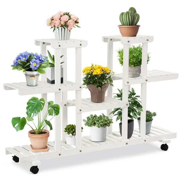4-Tier Rolling Flower Rack Wood Plant Stand Casters 12 Pots Bonsai ...