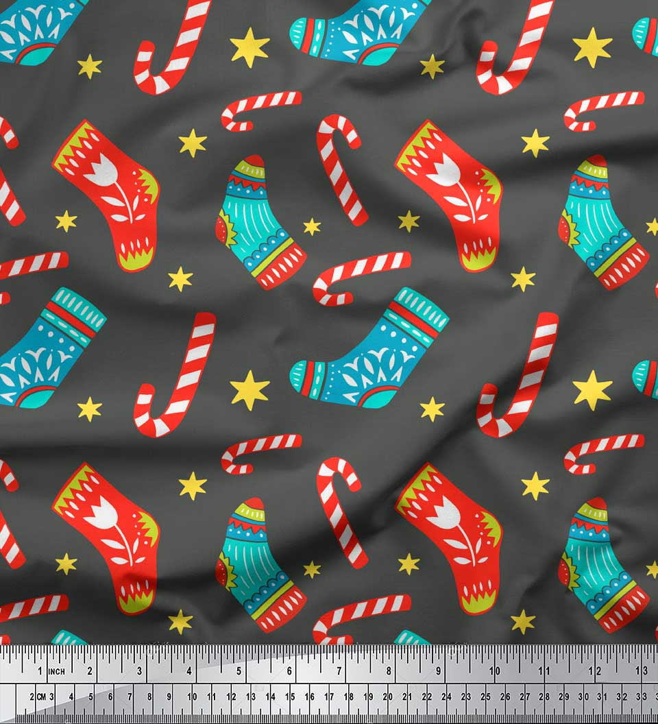 Soimoi Gray Silk Fabric Socks & Candy Cane Kids Printed Craft Fabric by ...