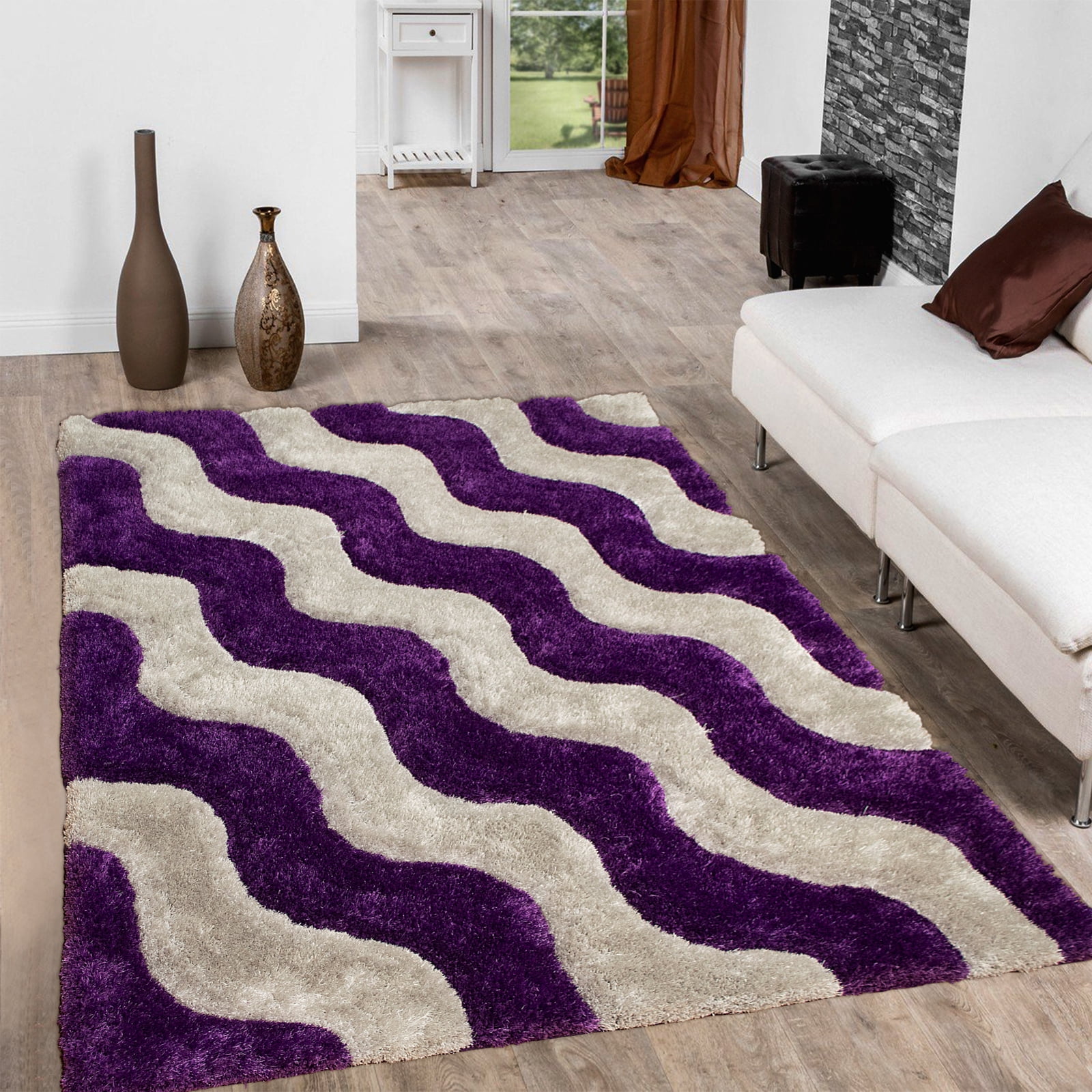 Allstar Purple Shaggy Area Rug with 3D Wavy Design. Contemporary Formal ...