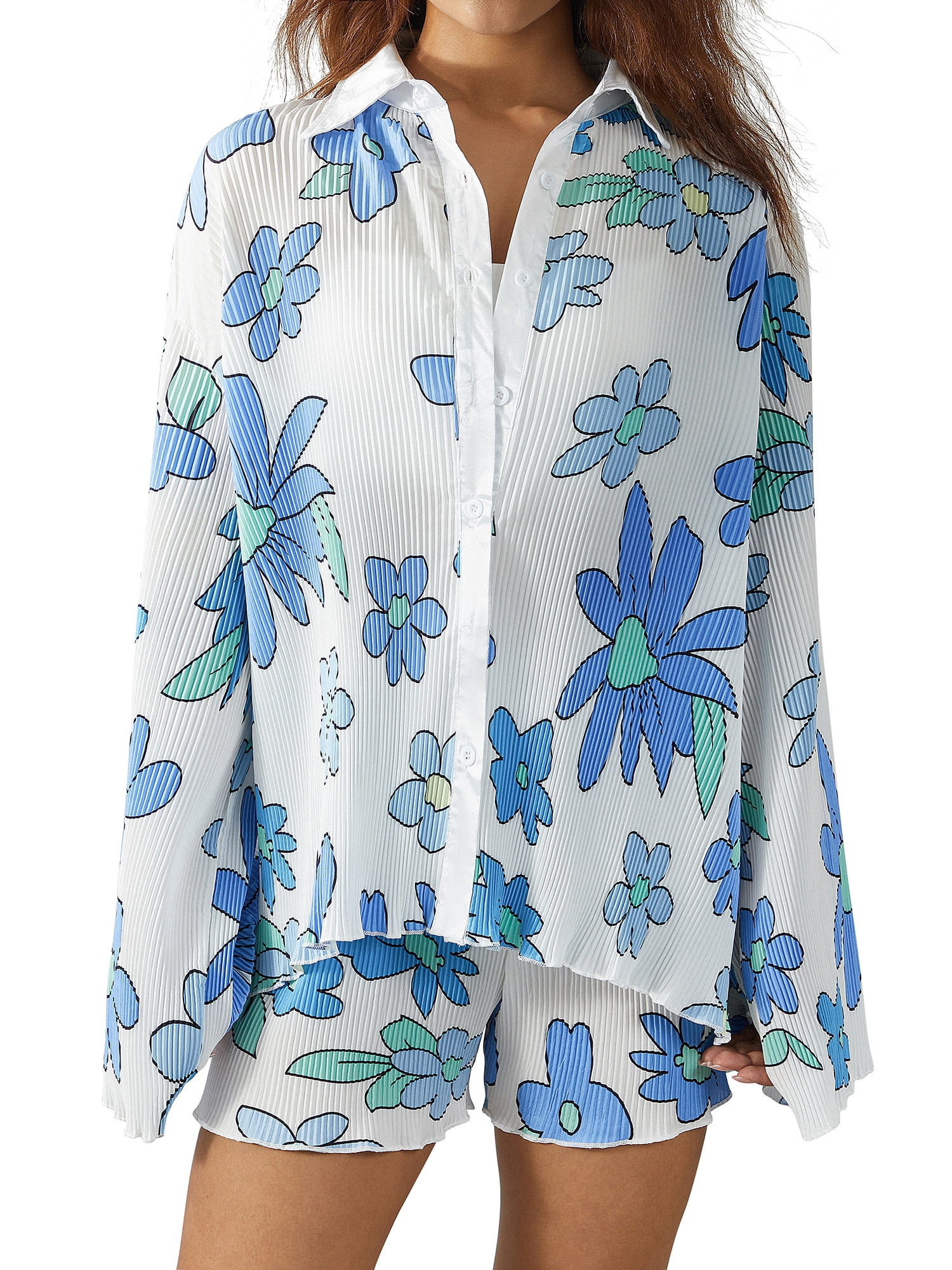 Qiylii Women Y2k 2 Piece Pants Set Oversized Floral Printed Button Down