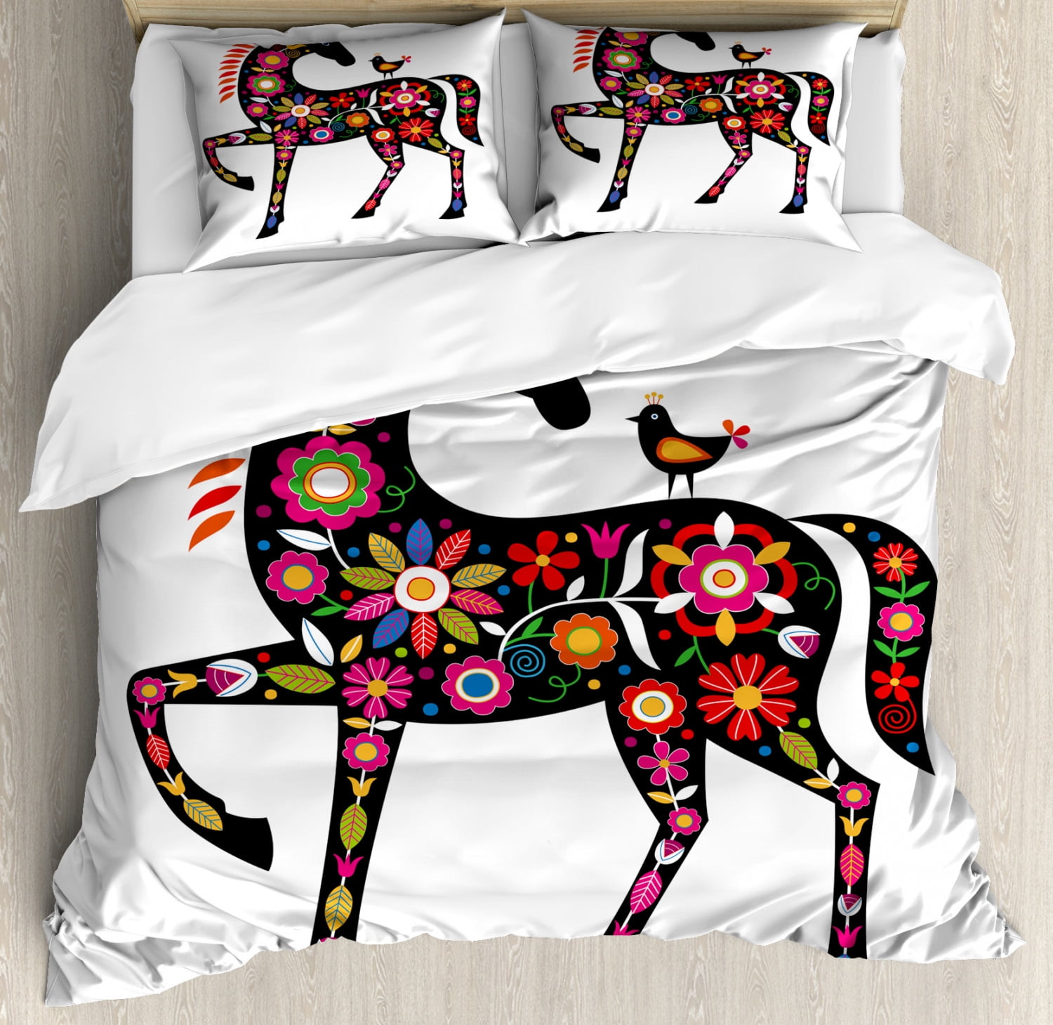 Folk Art Duvet Cover Set King Size, Abstract Animal Print Horse and ...