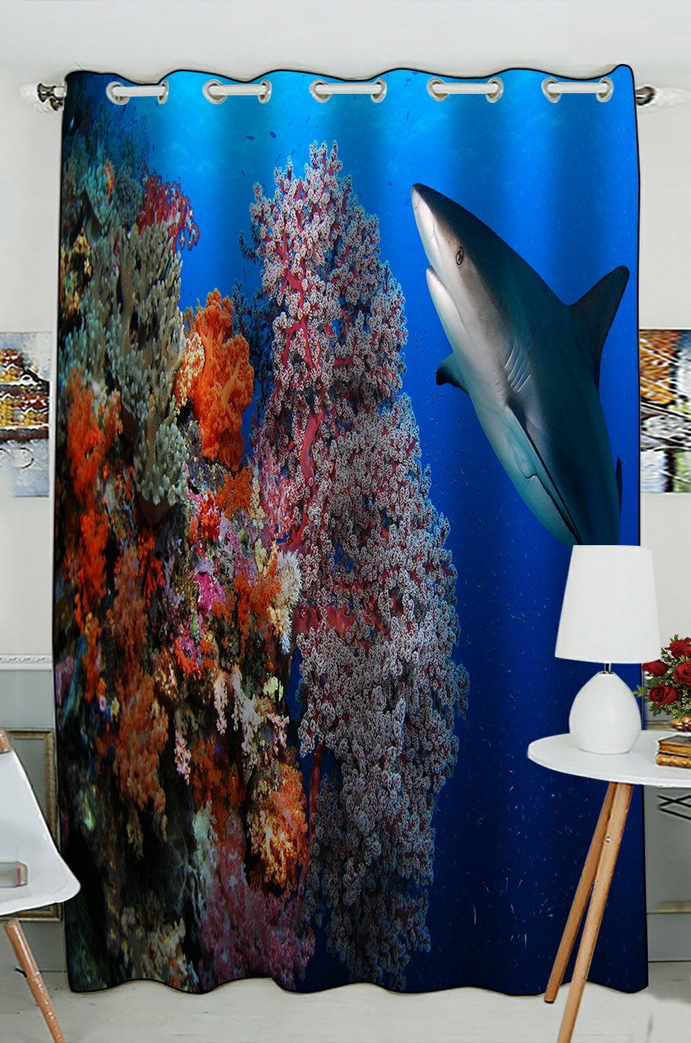 Phfzk Underwater Window Curtain, Great Shark Sea Animal Window Curtain ...