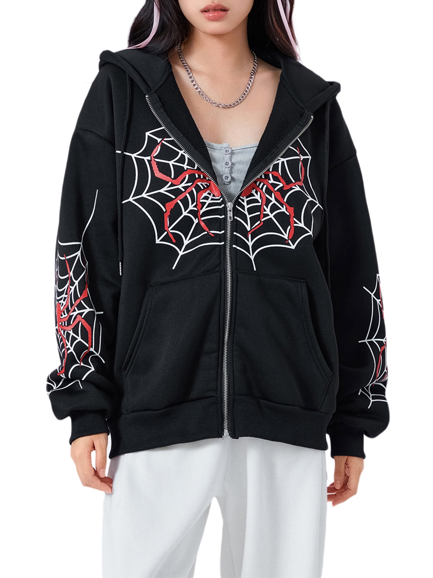xiaxaixu Women´s Halloween Casual Hooded Coat Long Sleeve Spider Web ...