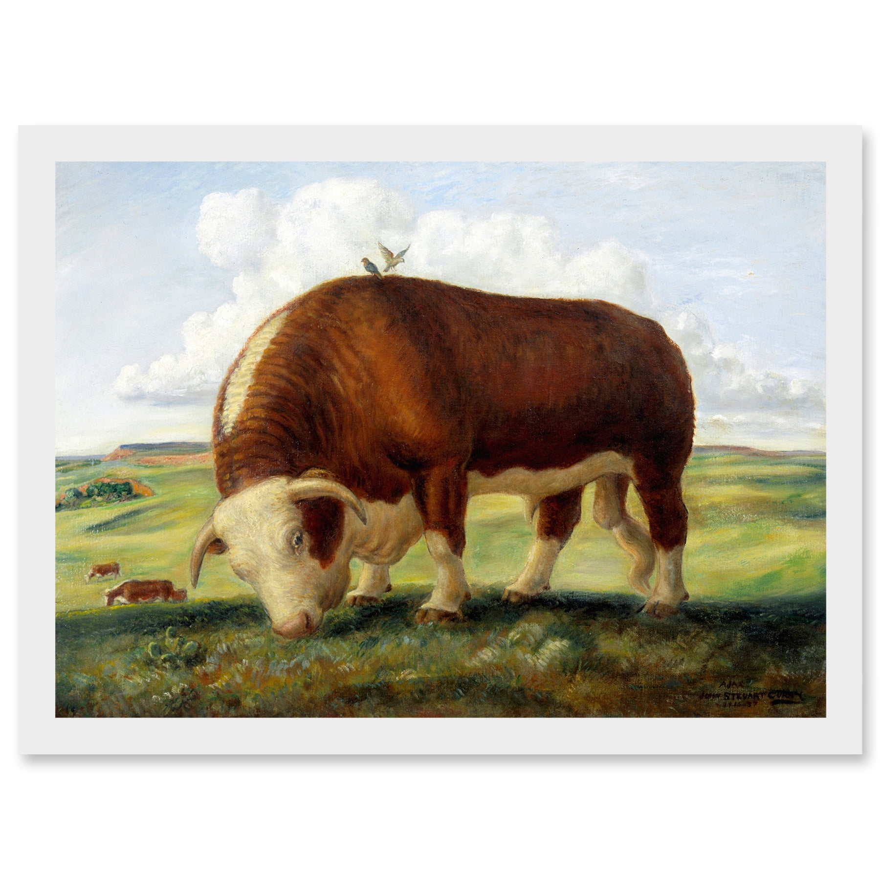 Curry Ajax Hereford Bull Cow Birds Landscape Painting Artwork Framed ...