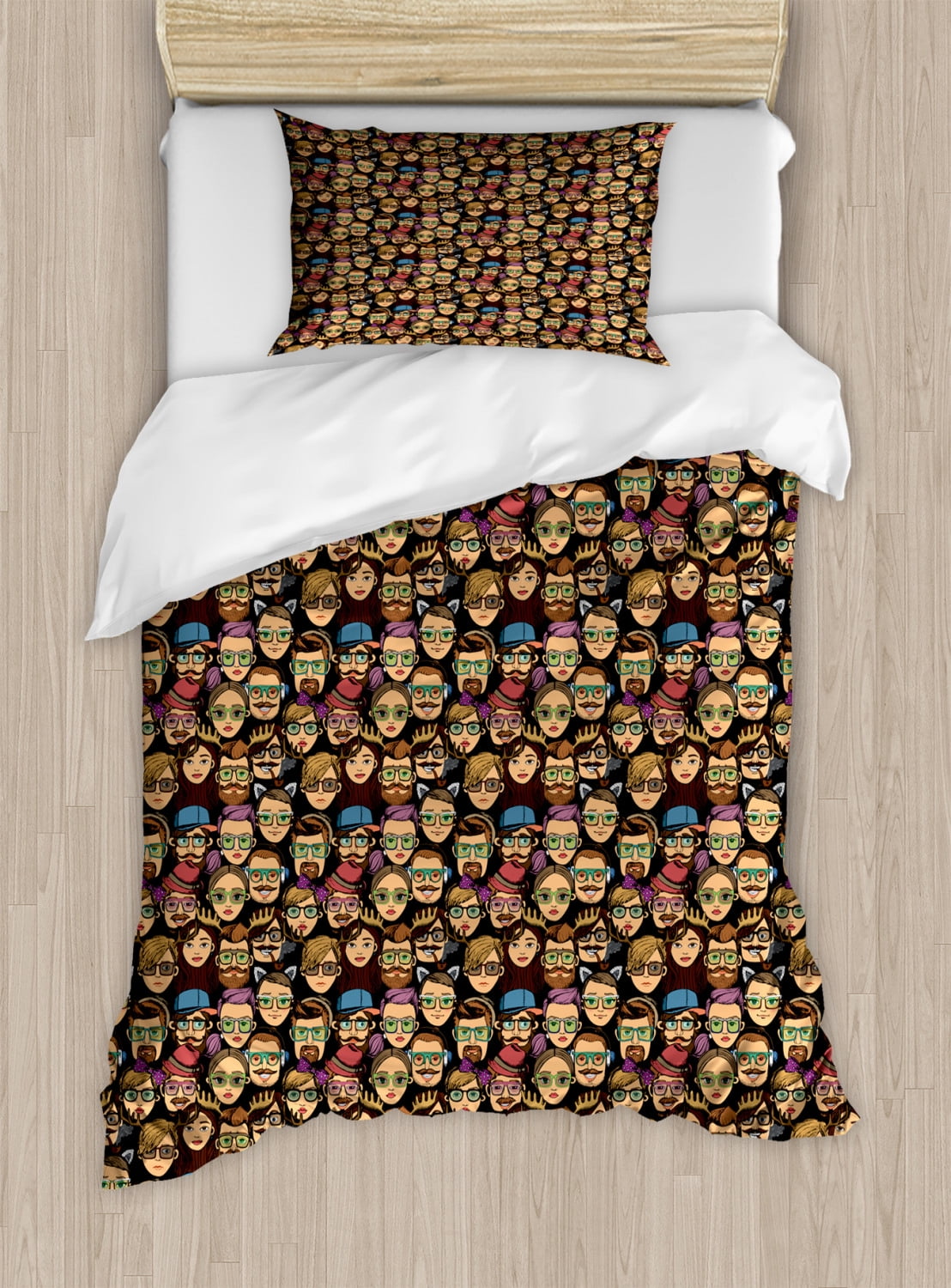 Geek Twin Size Duvet Cover Set, Various Faces of Cartoon Men and Women ...