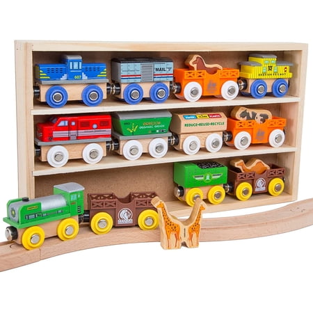 12 Pcs Wooden Engines & Train Cars Collection with Animals, Farm Zoo ...