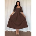 Brown Womens Square Neck Puff Sleeve Pleated Midi Dress For Office ...