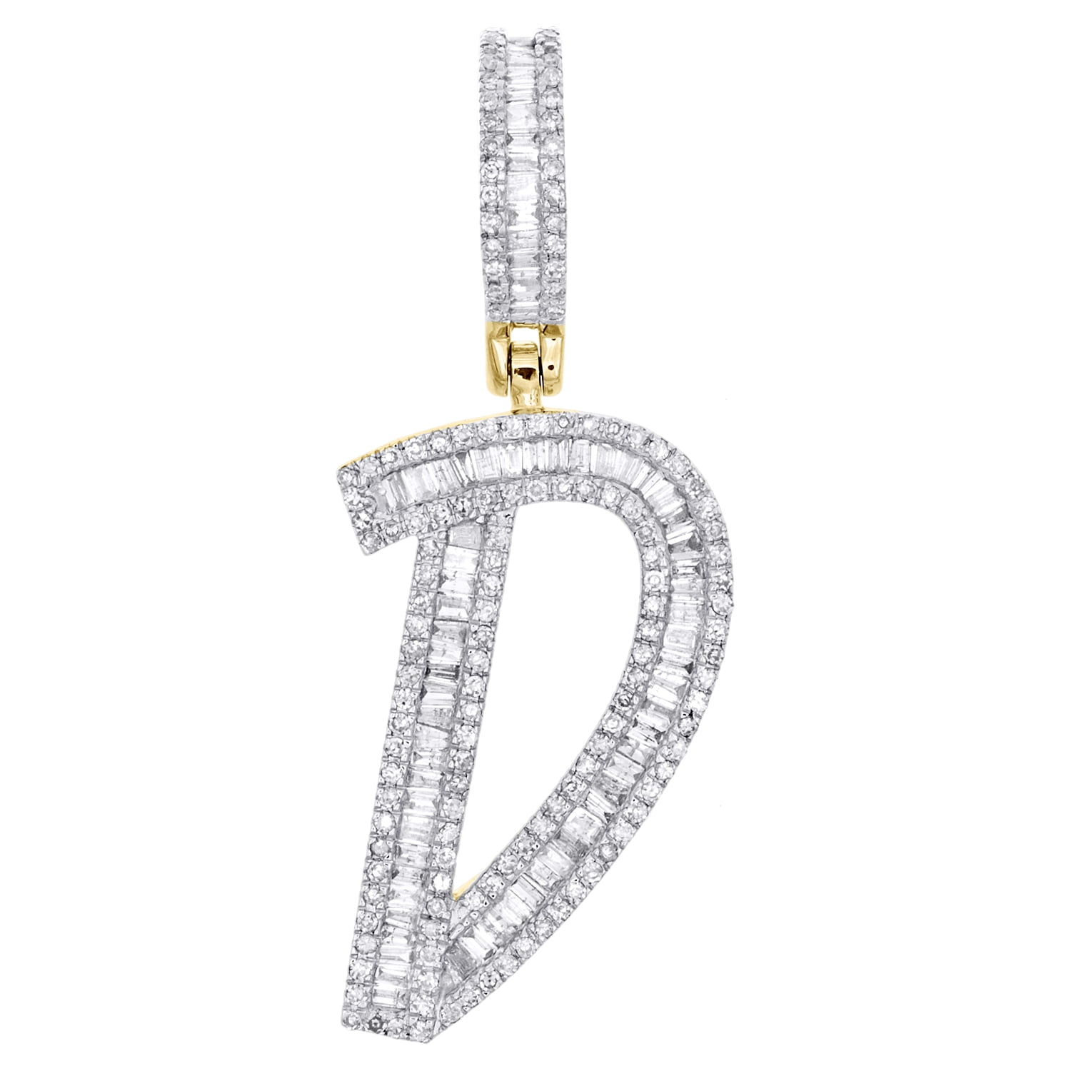10K Yellow Gold Baguette Diamond Initial D Pendant 1.50" Letter Charm 3 ...