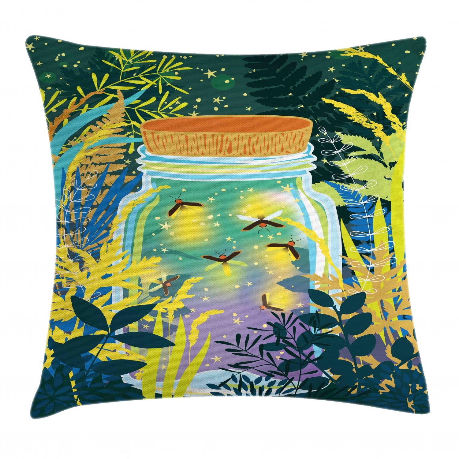 Firefly Throw Pillow Cushion Cover, Surreal Forest Landscape with Magic ...