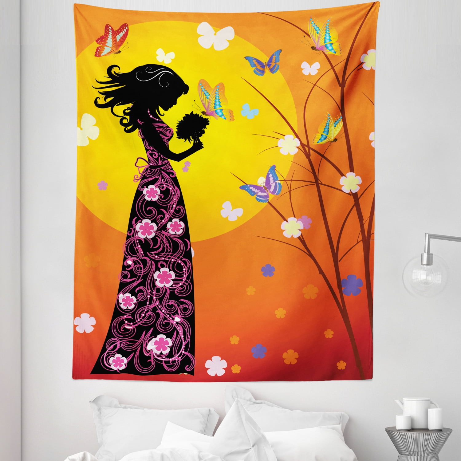 Feminine Tapestry, Flowers Butterflies and Silhouette of Girl in Floral ...