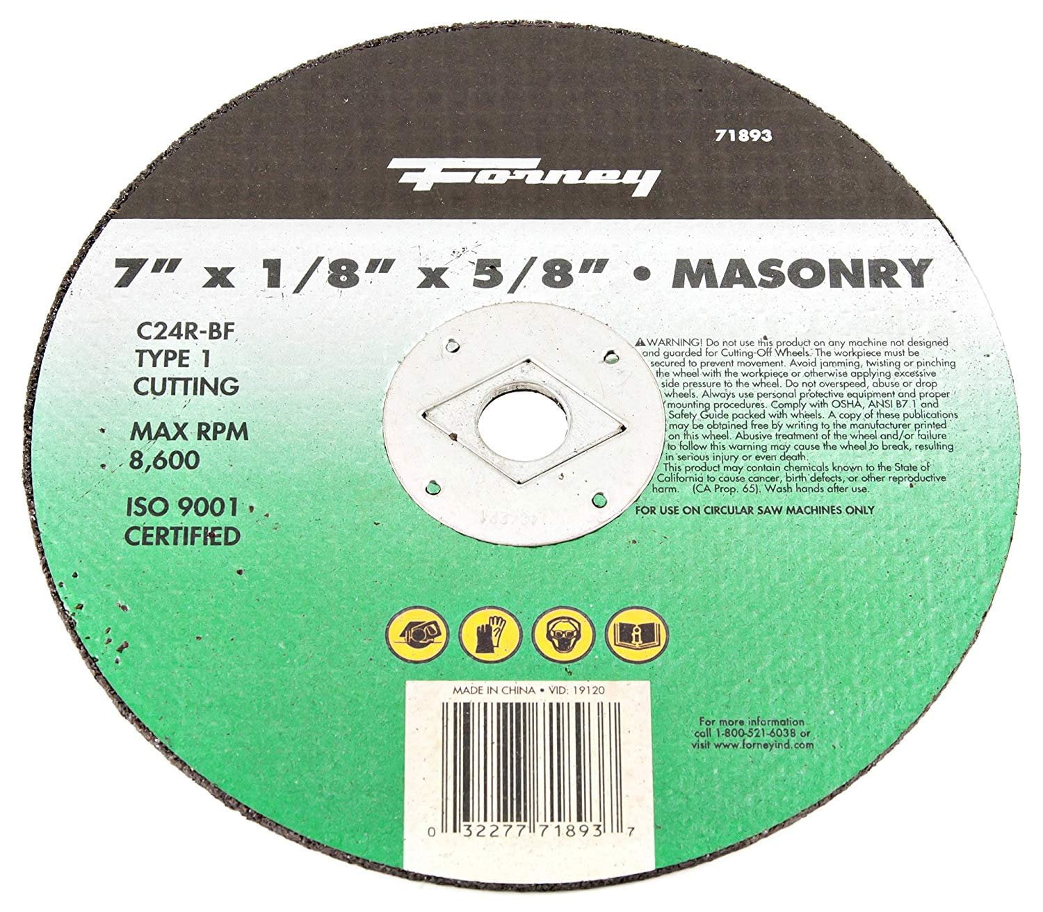 Forney 71893 Cut-Off Wheel with 5/8-Inch Arbor, Masonry Type 1, C24R-BF ...