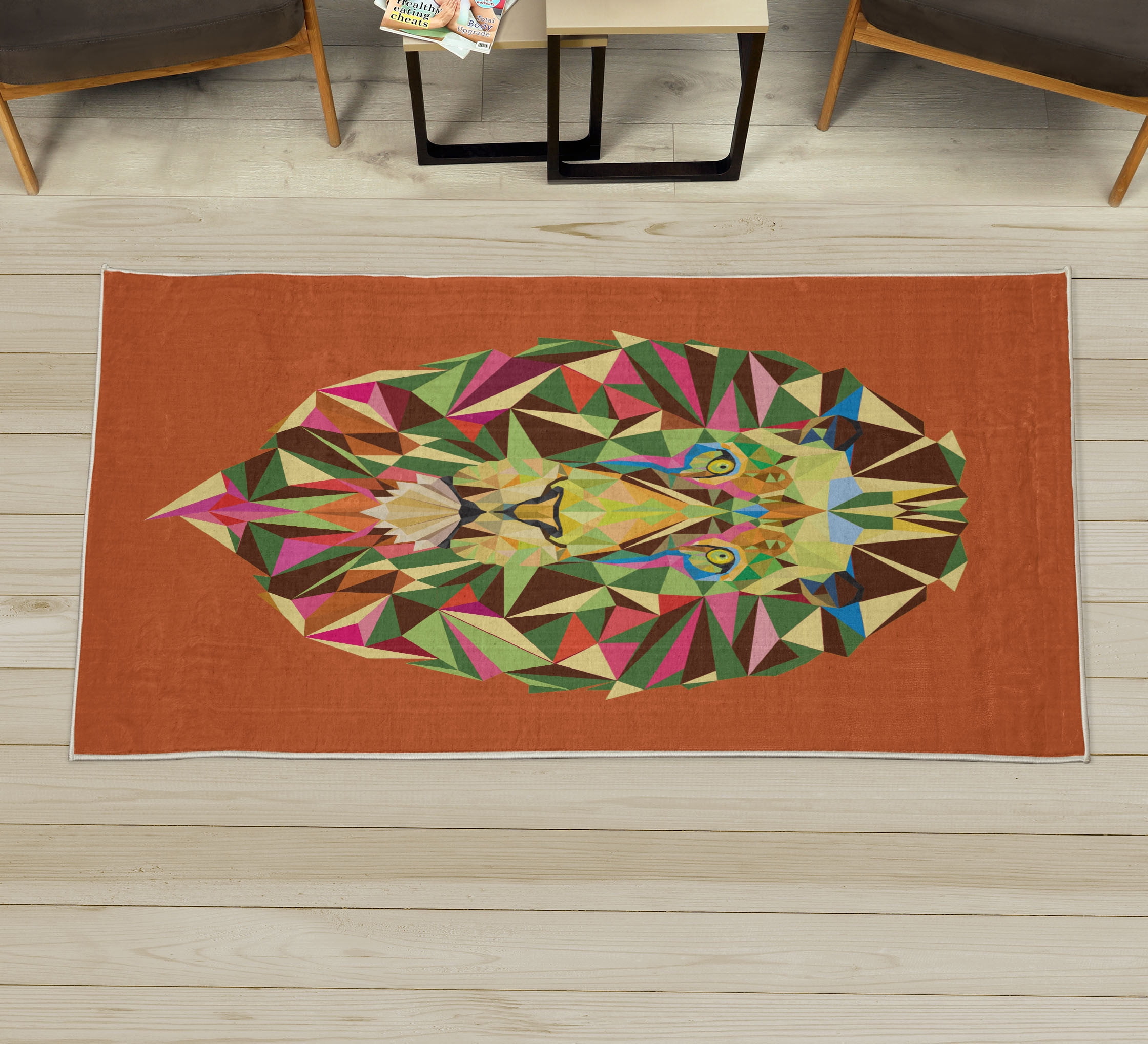 Zoo Decorative Rug, Colorful Animals Geometric Diamond Face Lions Mane ...