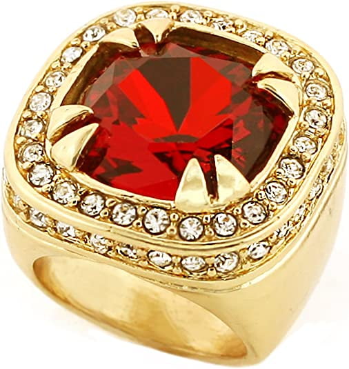 Gold Tone Synthetic Red CZ Stone Mens Rick Ross Hip Hop Style Ring (10 ...