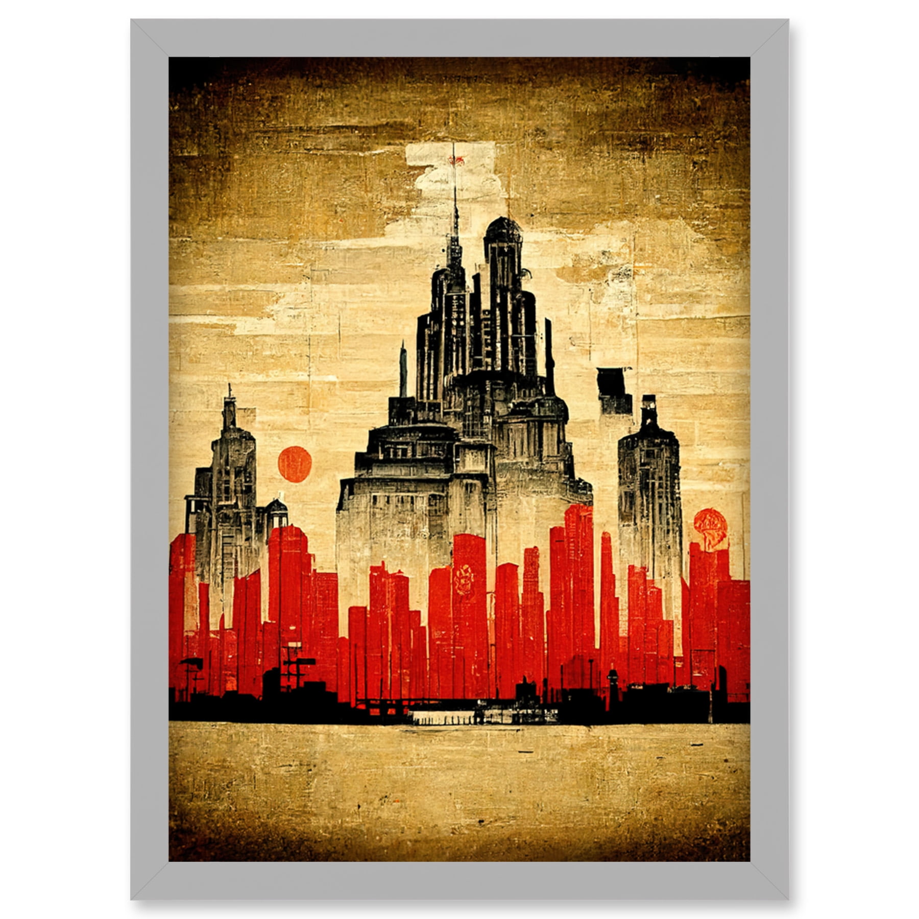 Dystopian Cityscape Skyline Colourblock Poster Artwork Framed Wall Art ...