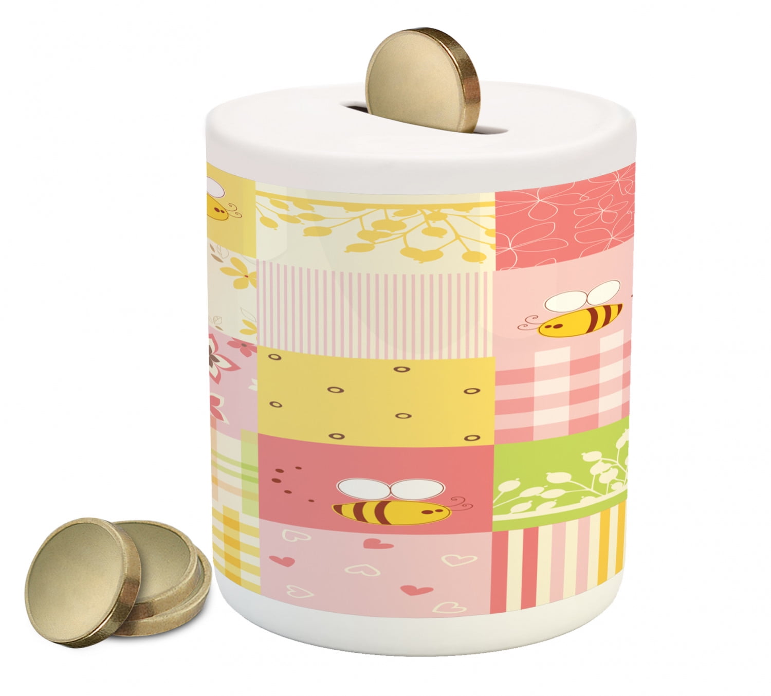Bee Piggy Bank, Floral and Geometric Designed Tiles of Patchwork ...