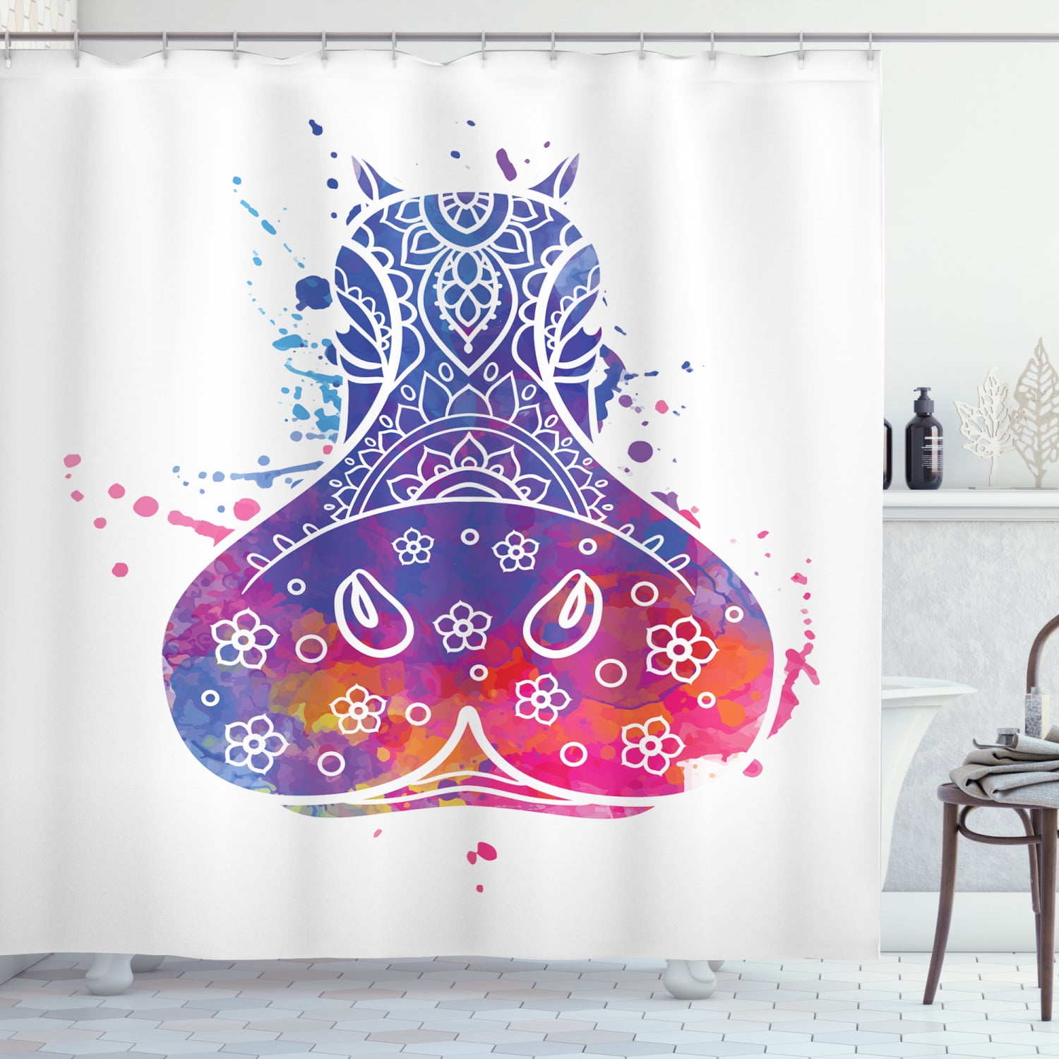 Hippo Shower Curtain, Abstract Hippo Head Silhouette with Ornamental ...