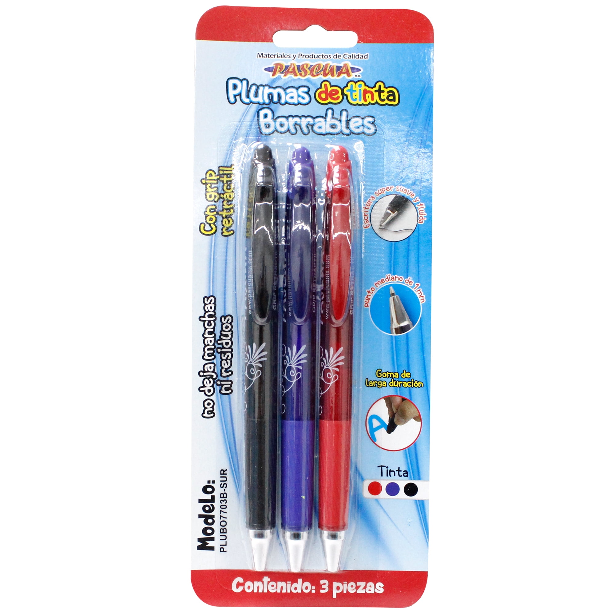 Plumas borrables PASCUA Punta 0.7mm color negro azul y rojo | Walmart ...