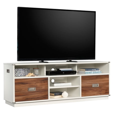 Sauder Vista Key Contemporary Wood 60" TV Stand in Pearl White and Oak ...