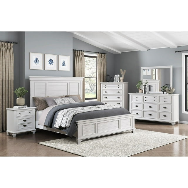 Classic Style 6pc Master Bedroom Set Queen Bed Nightstand Chest Dresser Mirror Traditional White ...
