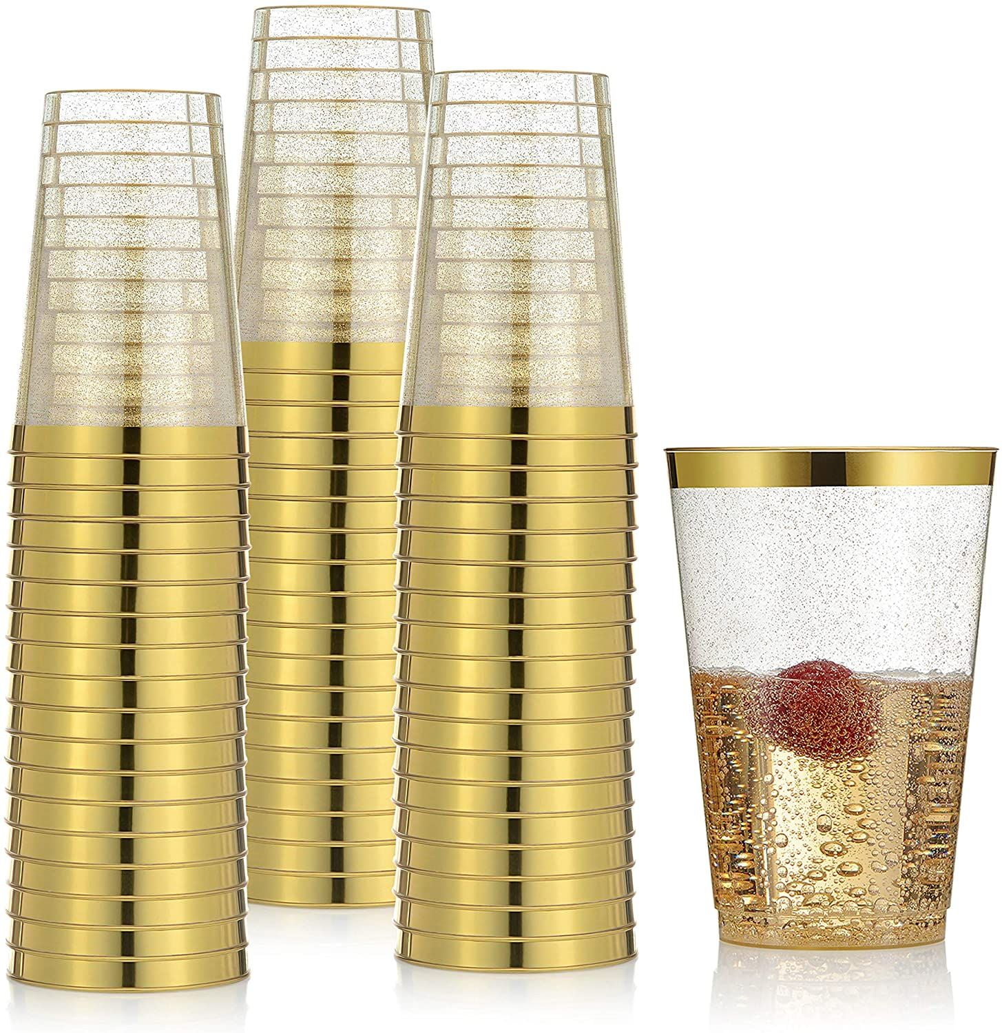 100 Gold Plastic Cups 14 oz Gold Glitter with a Gold Rim - Premium ...