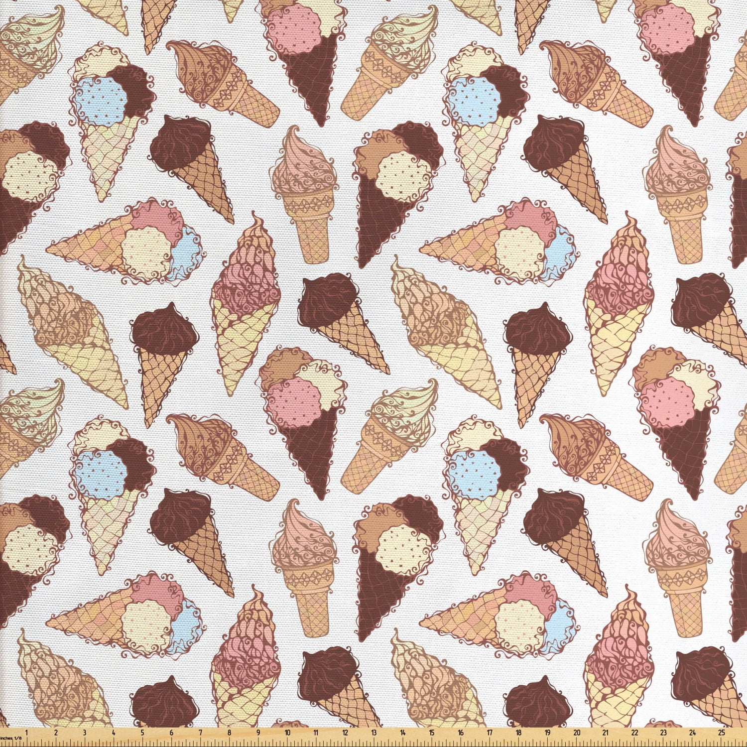 Ice Cream Fabric by the Yard Upholstery, Print of Repetitive Cones with ...