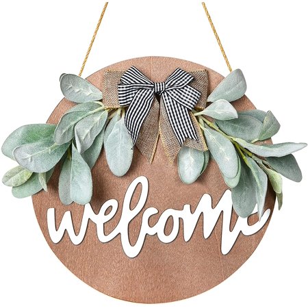 Welcome Wreath Sign for Front Door, Rustic Home Sign with Round Wood ...