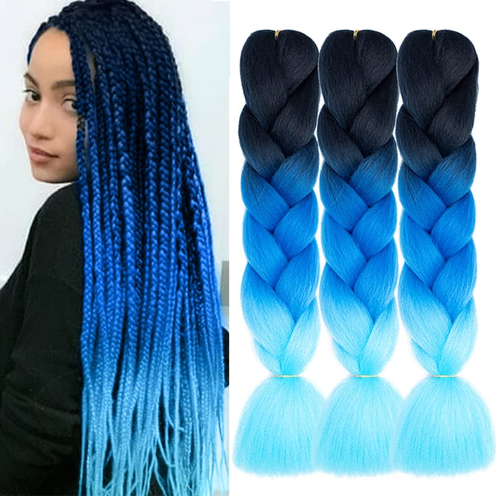 Ombre Blue Braiding Hair Extensions 24 Inch 3 Packs Synthetic High ...