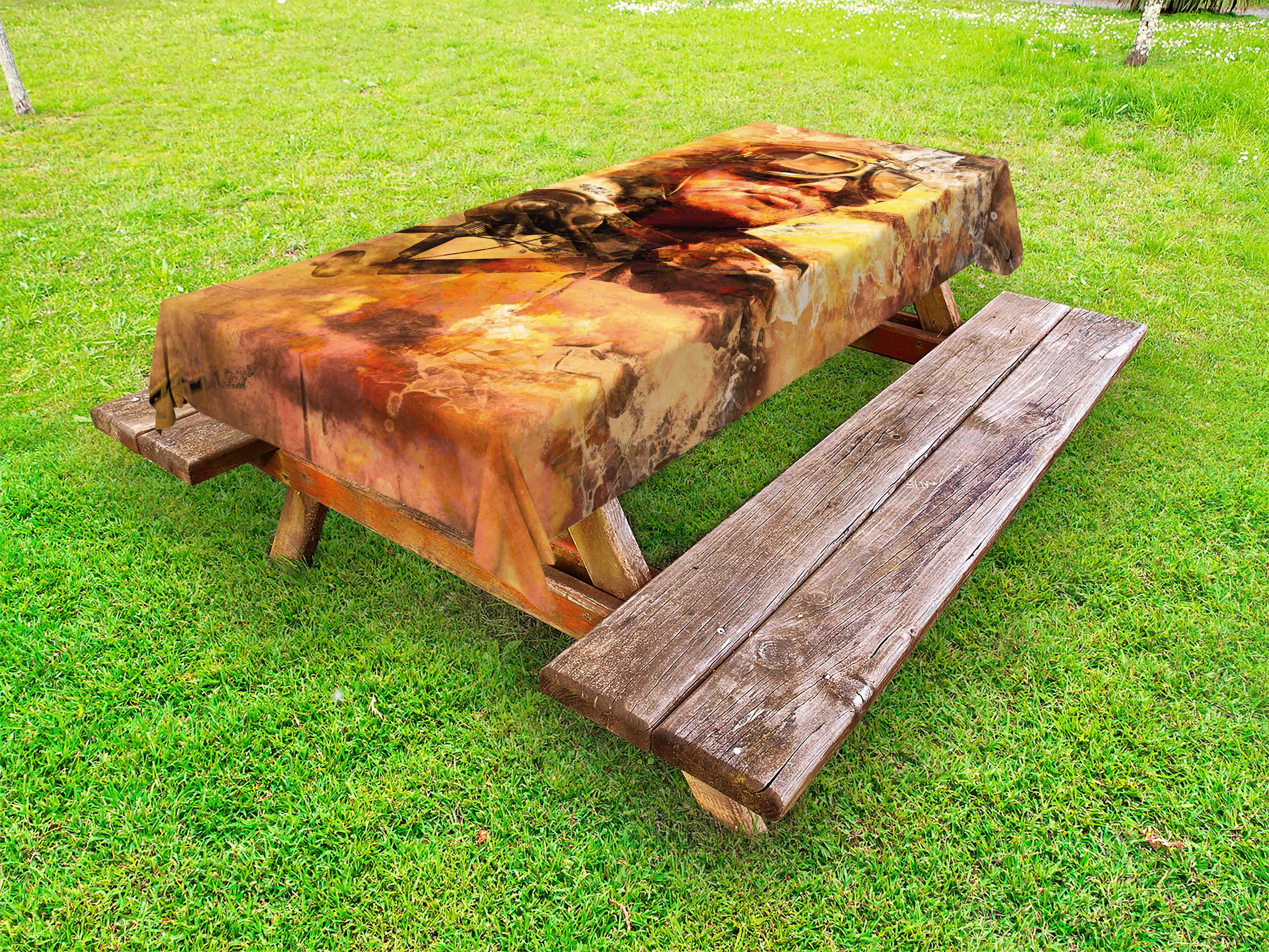 Vintage Airplane Outdoor Tablecloth, Abstract Portrait Male Pilot with ...