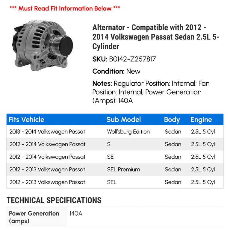 Alternator Compatible with 2012 2014 Volkswagen Passat Sedan 2.5L 5 Cylinder 2013