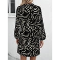 Black Abstract Swirl Print Notched Collar Lantern Sleeve Mini Dress For ...