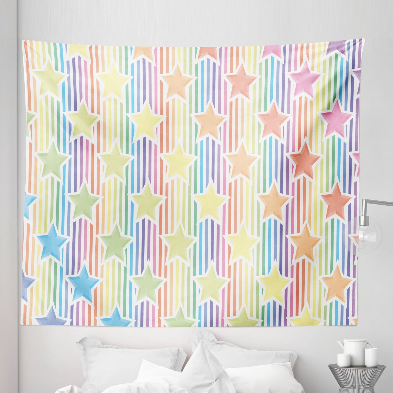 Abstract Tapestry, Rainbow Stars on Colorful Striped Pattern Art ...